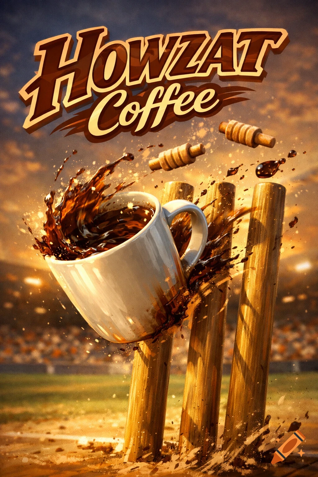A coffee mug hits cricket stumps, spilling coffee and dislodging bails ...