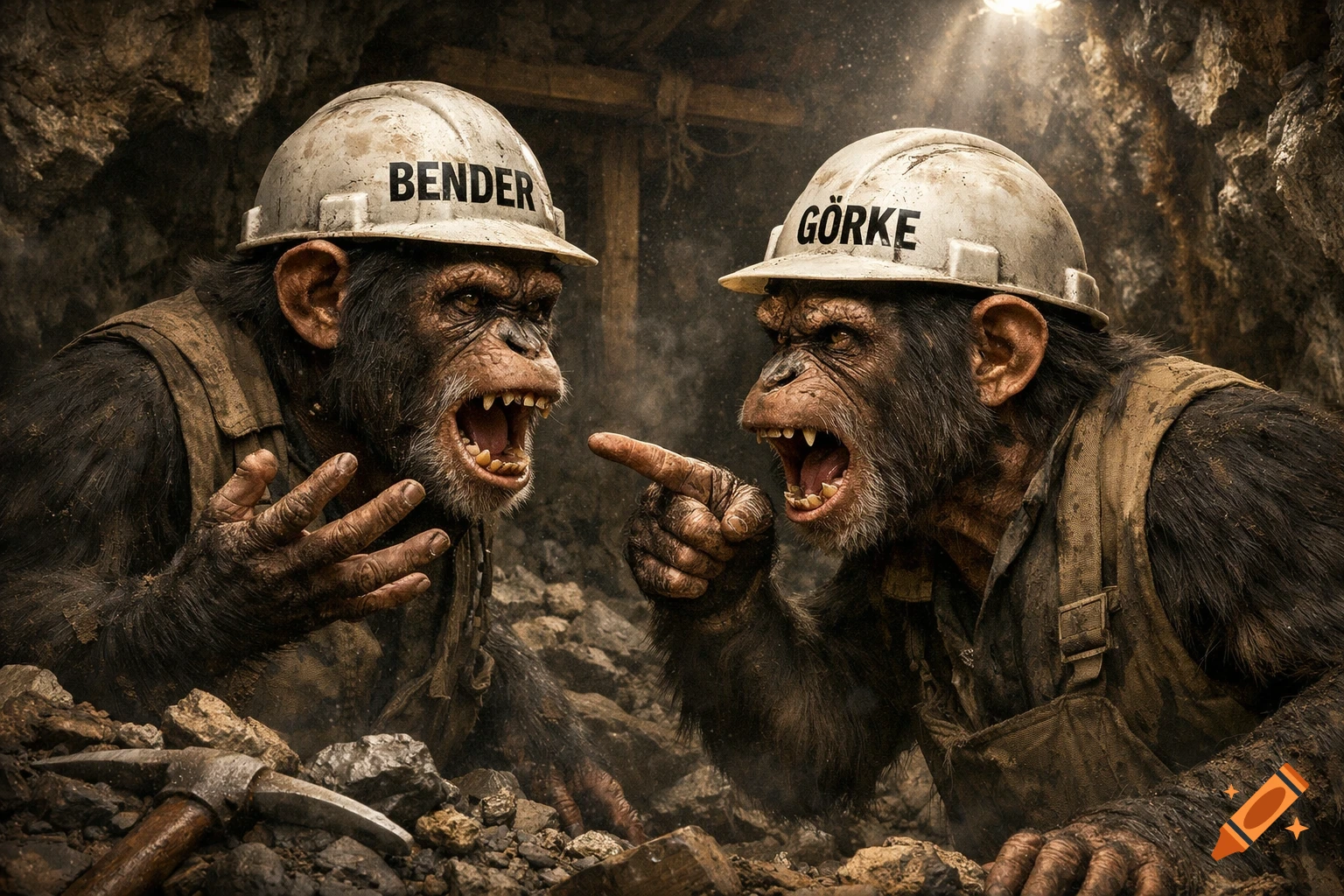 Two realistic chimpanzee miners in hard hats, labeled 'BENDER' and ...