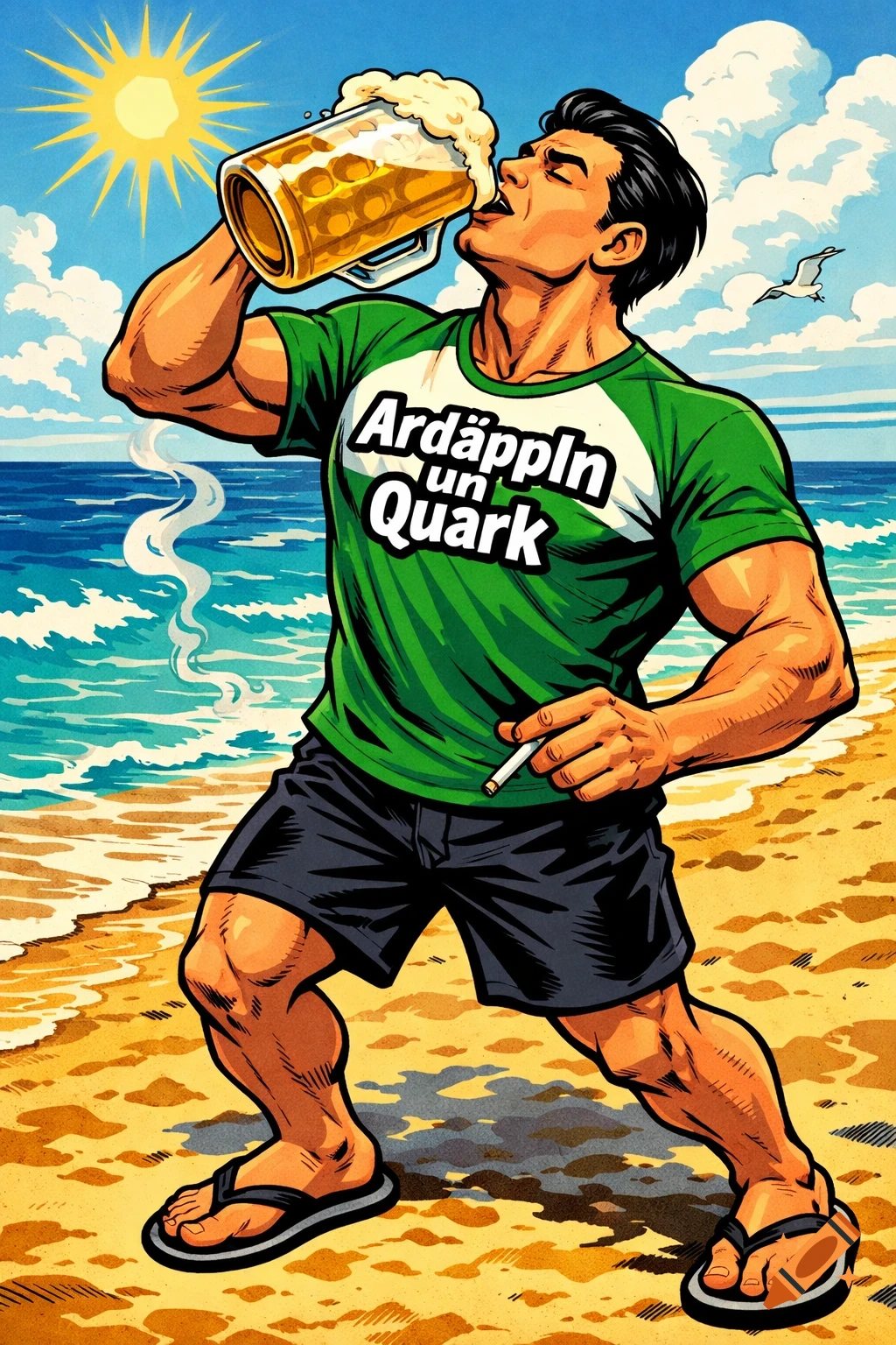 A muscular man in a comic style on a sunny beach, drinking beer from a ...