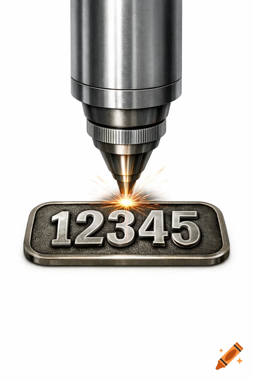 A laser machine engraves the number "12345" onto a metallic ...