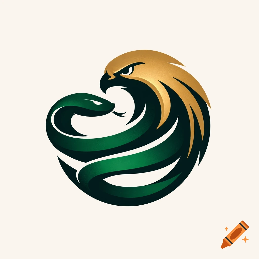 A stylized circular logo features a gold and dark green hawk head ...