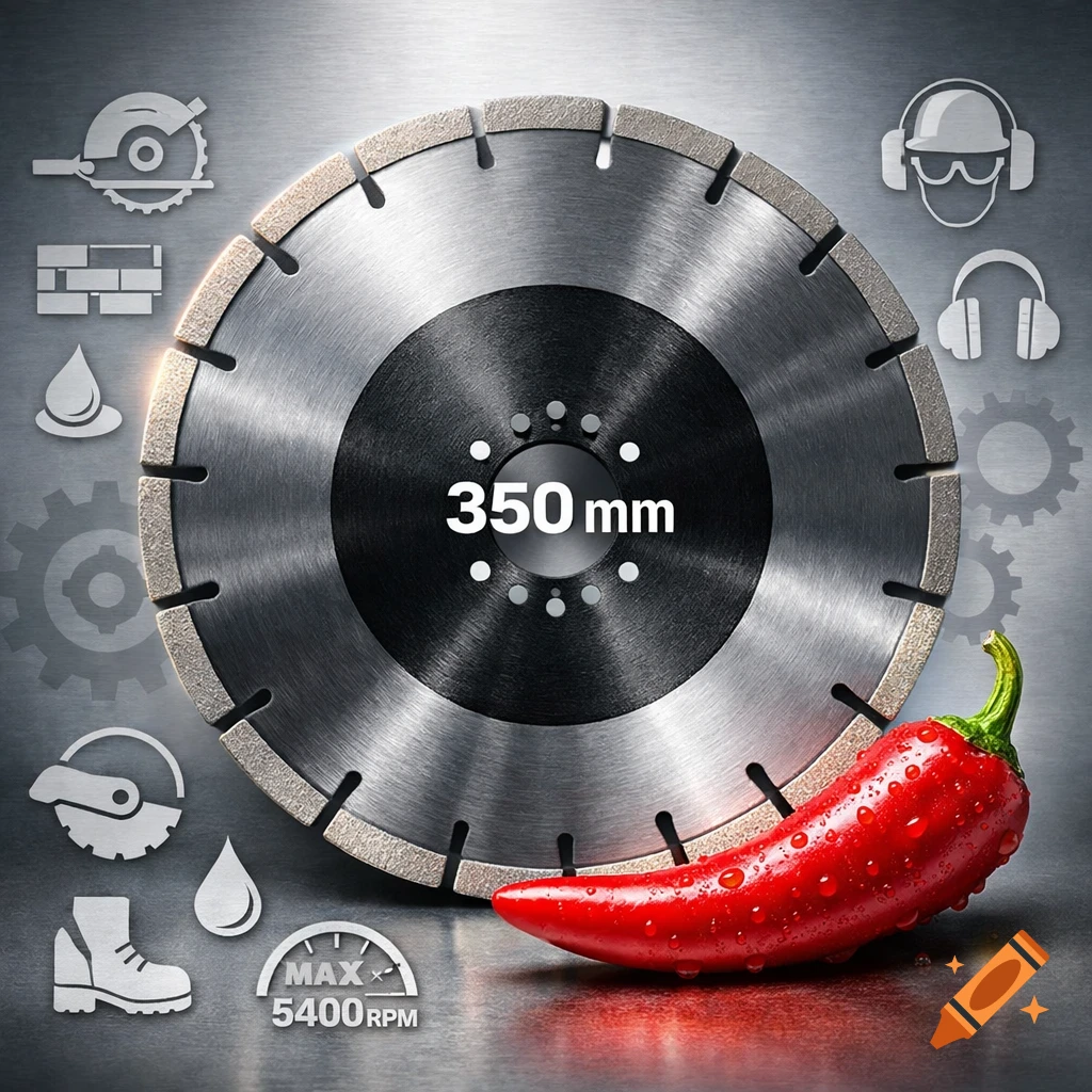 Photorealistic image of a diamond cutting blade with '350 mm' text and ...