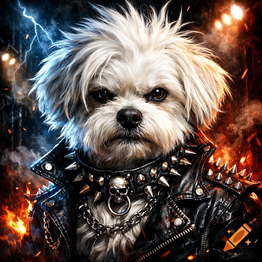 A cool white Maltese dog in a studded leather jacket and skull collar ...