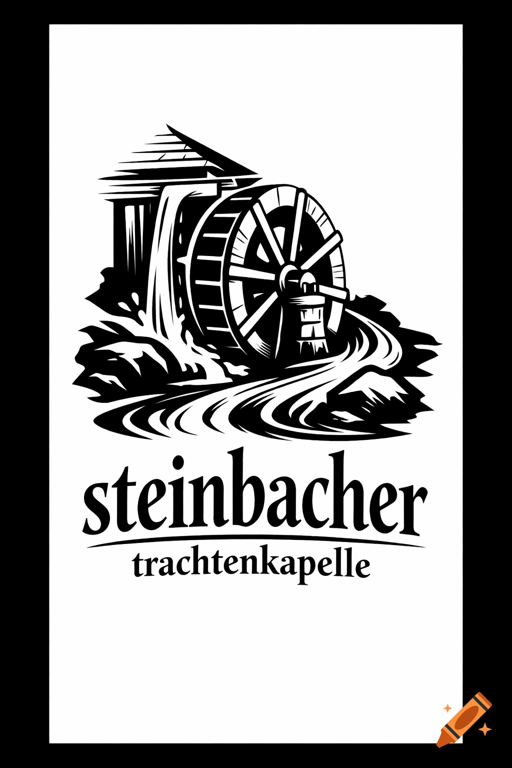 Black and white logo featuring a water mill with flowing water, above ...