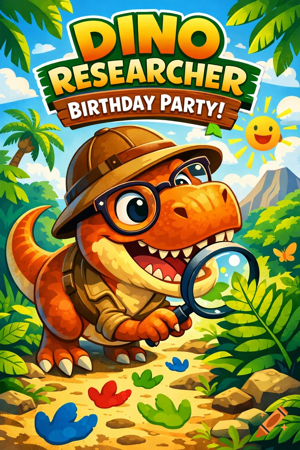 Vibrant cartoon dinosaur in researcher hat and glasses with magnifying ...