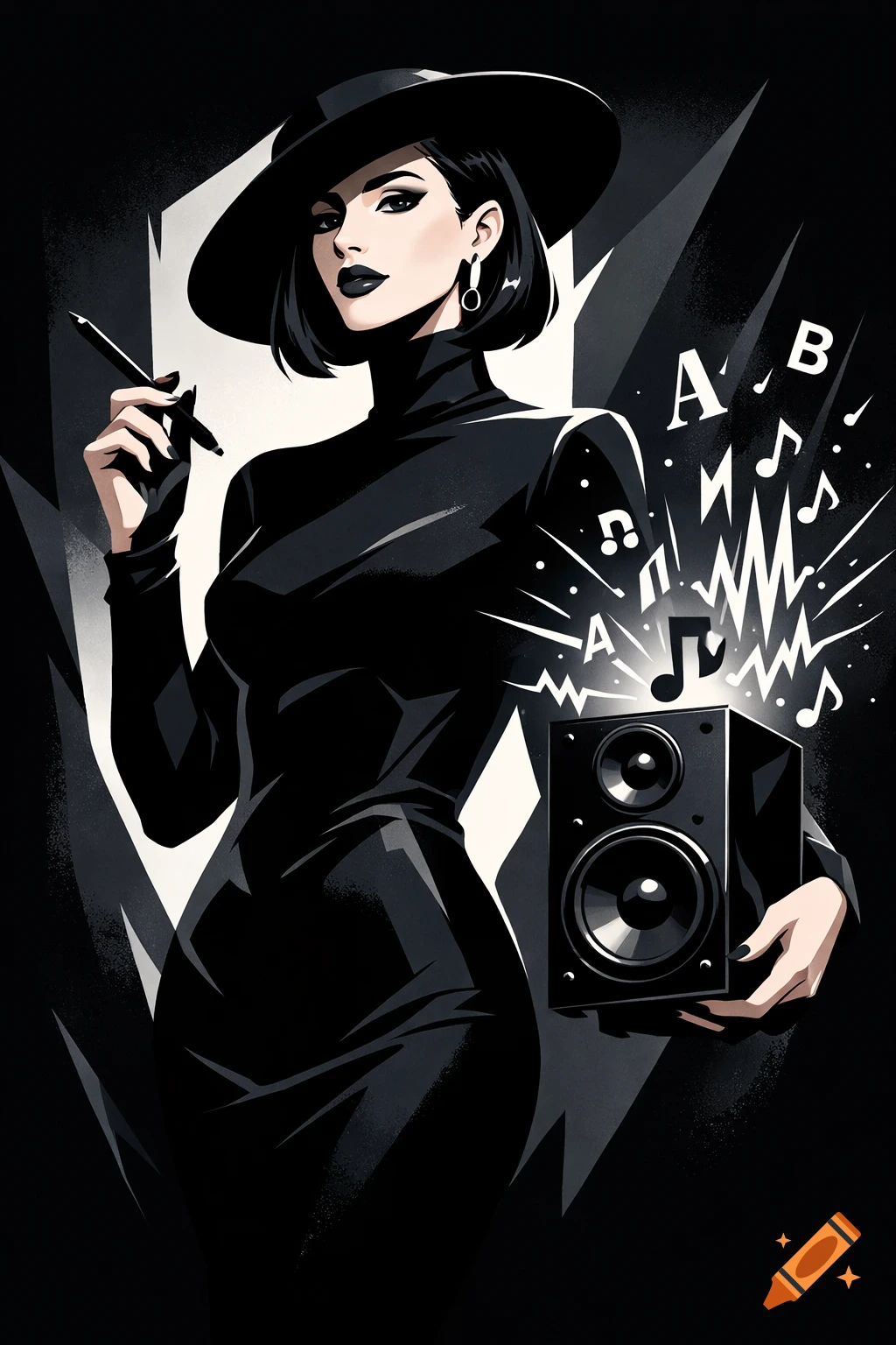 An elegant woman in a black outfit and hat holds a pen and a speaker ...
