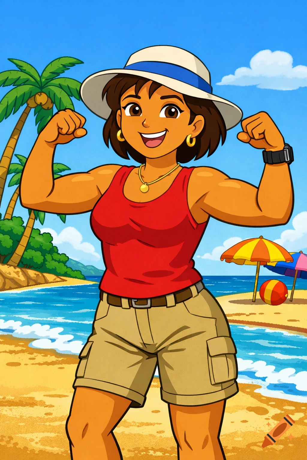 A cartoon character, resembling Dora, wearing a hat and red tank top ...