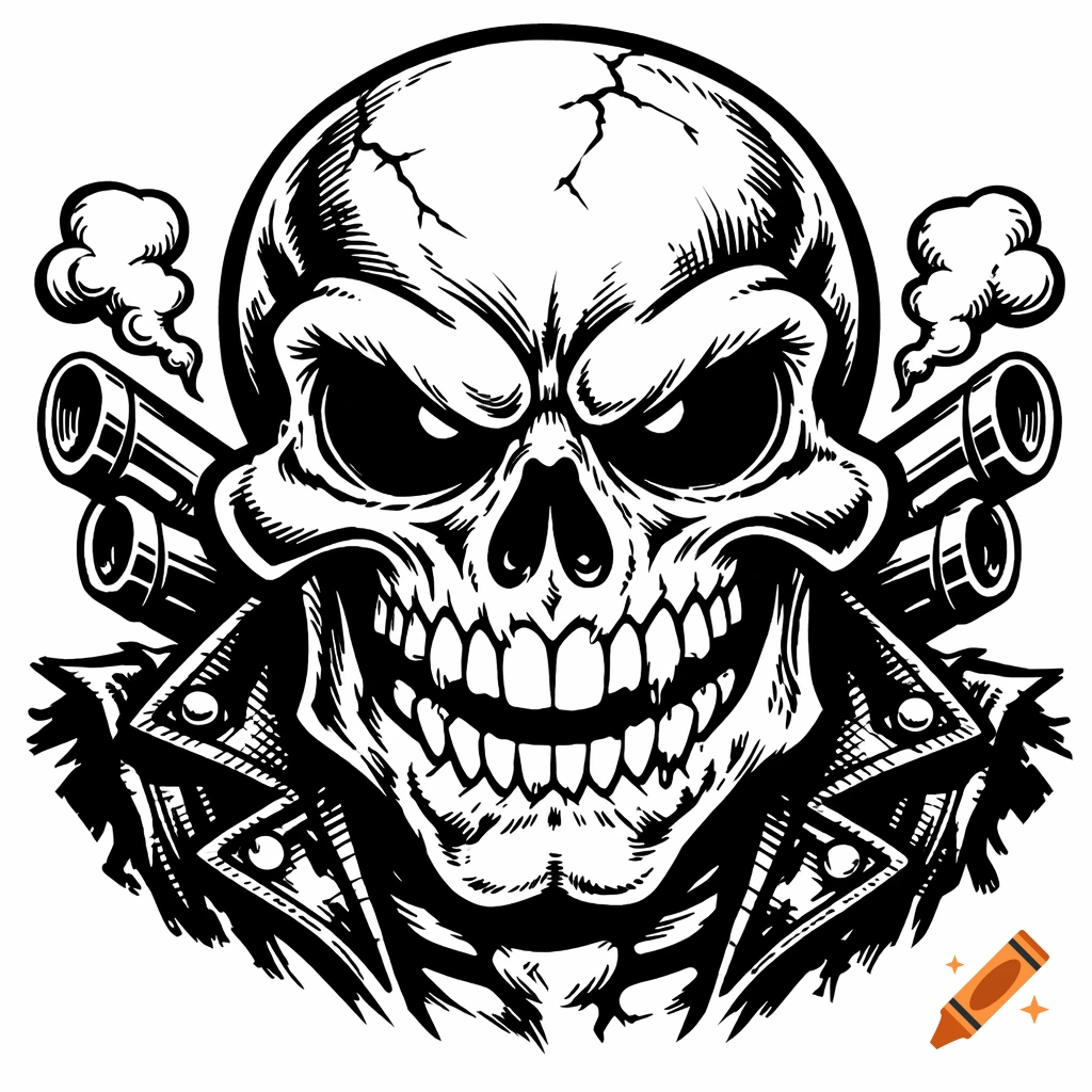 A fierce, stylized skull wearing a studded biker jacket with smoking ...
