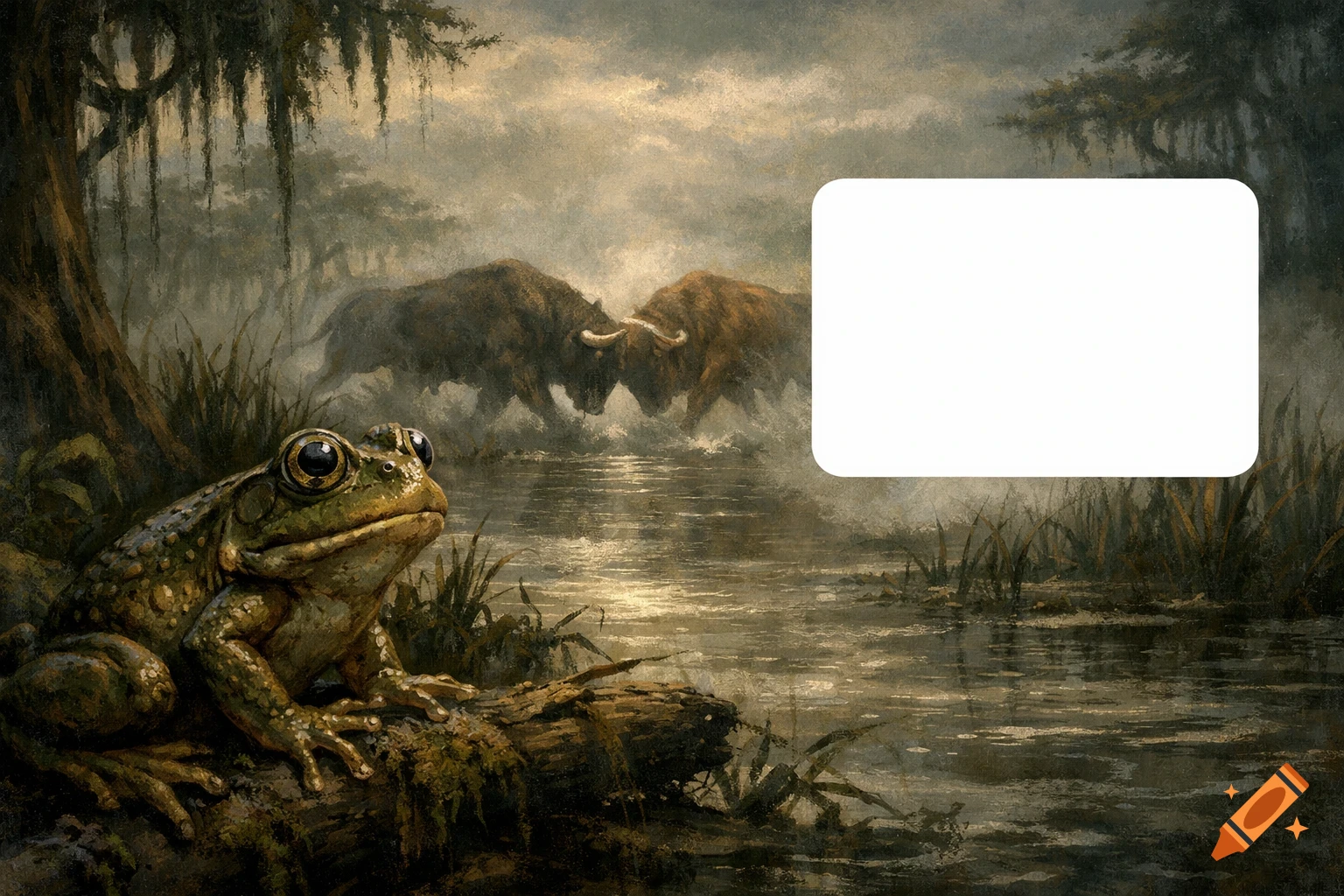 A detailed painting of a frog on a log in a swamp watching two bulls ...