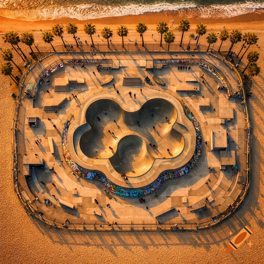 Drone aerial view of Venice Beach Skatepark with skaters, colorful ...