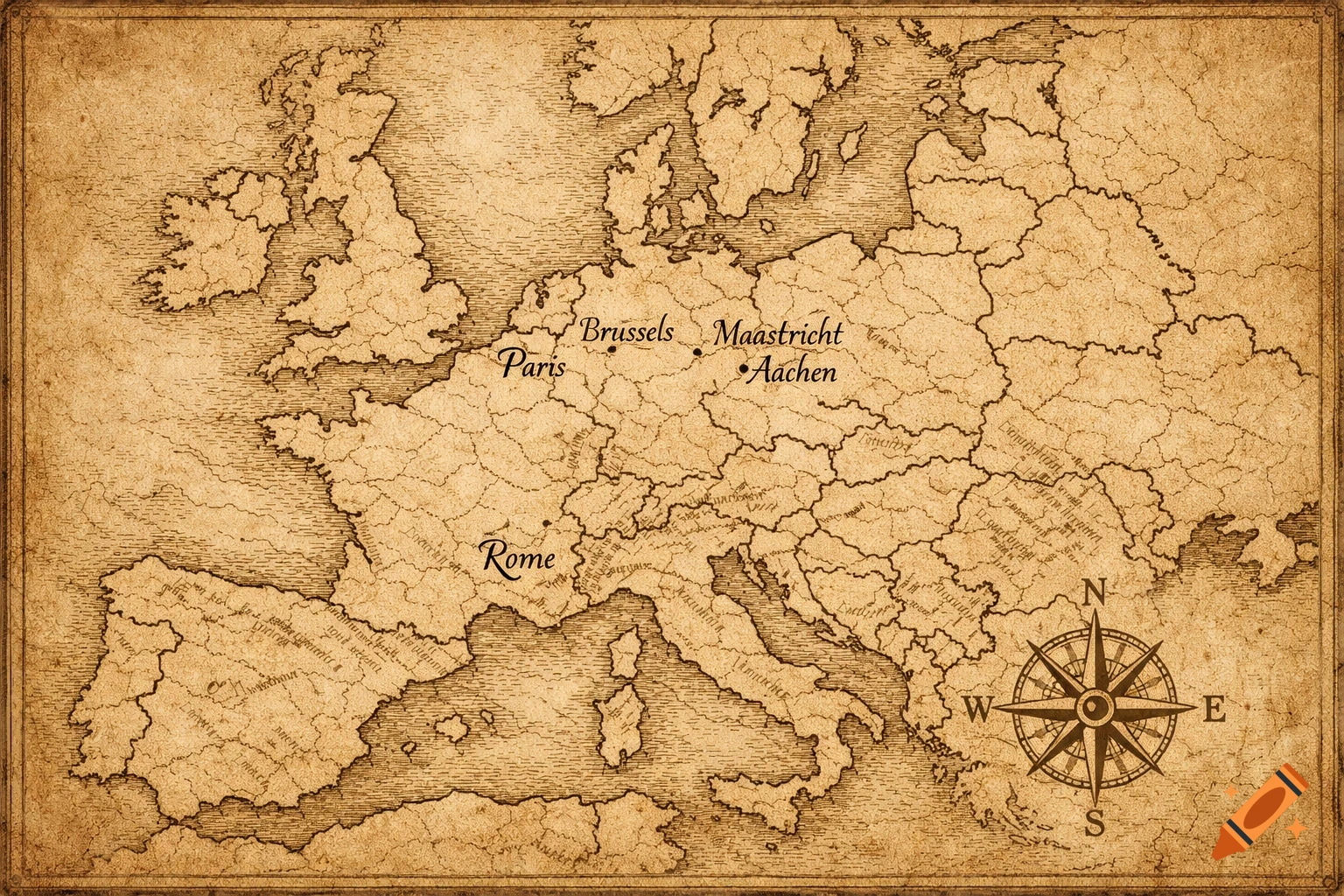 Vintage map of Europe with country borders and cities Paris, Brussels ...