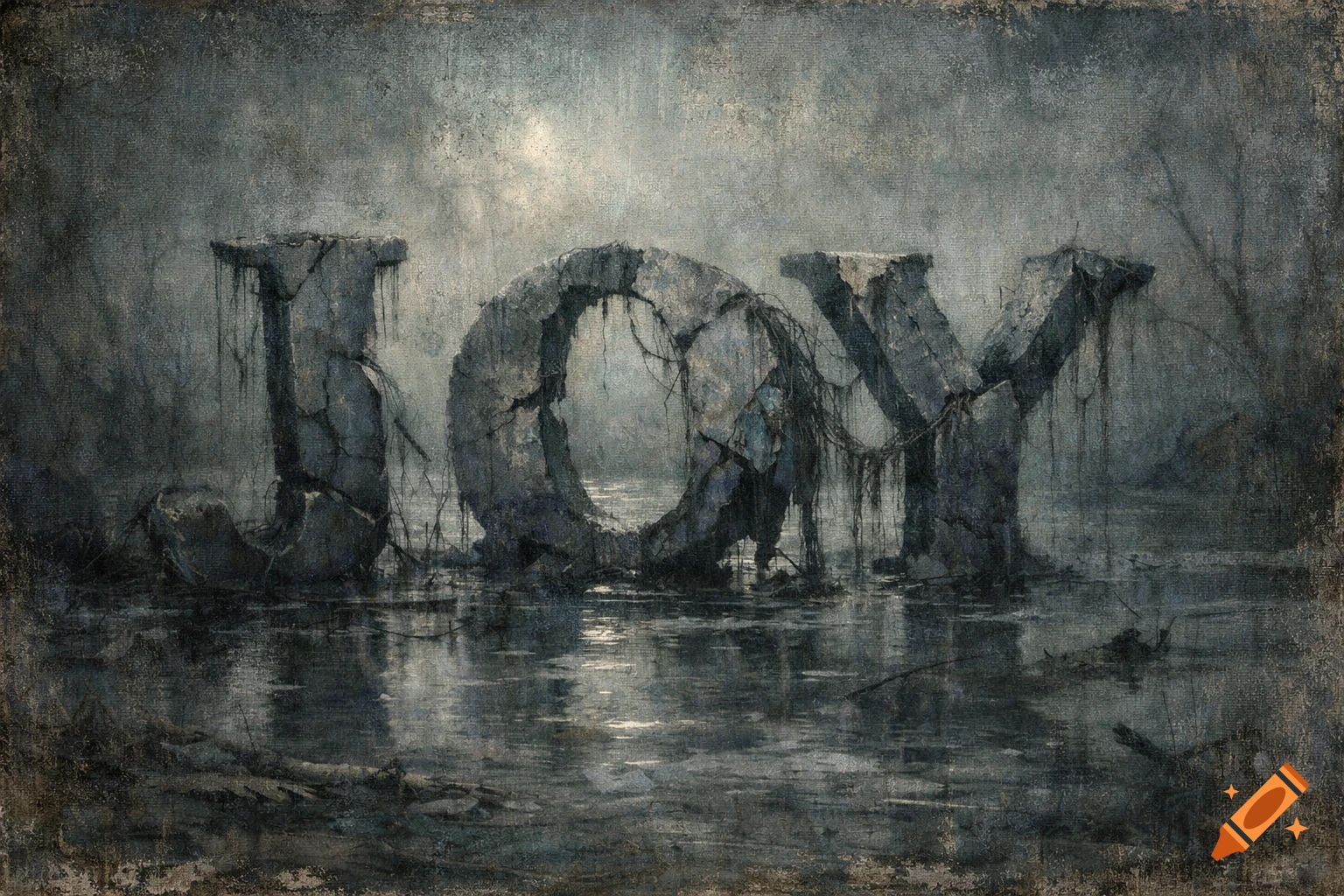 Decaying, cracked stone letters spelling 'JOY' stand in murky water ...