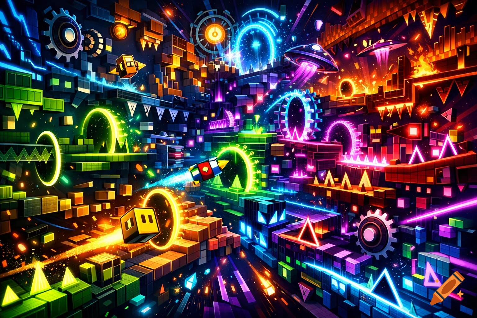 Vibrant neon geometric landscape with glowing blocks, platforms, a ...