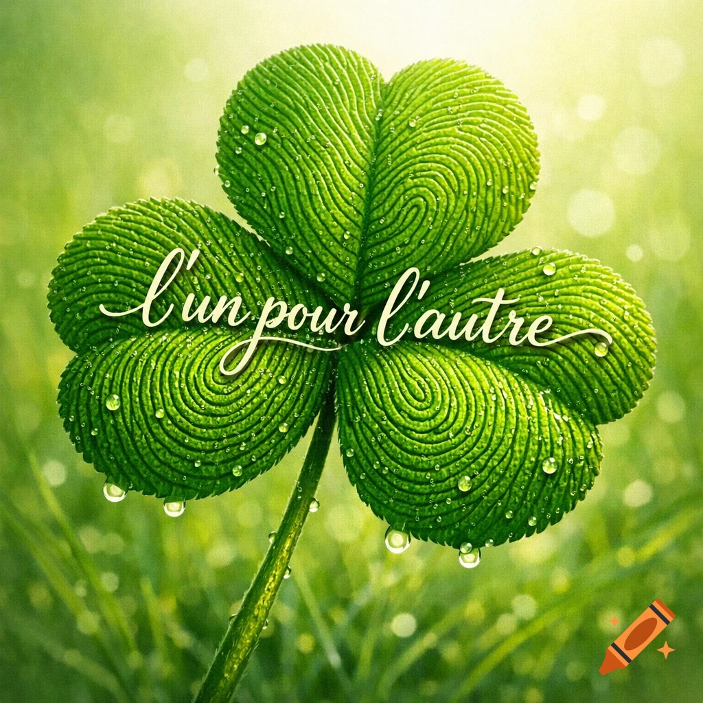 Photorealistic four-leaf clover with water droplets and 'l'un pour l ...