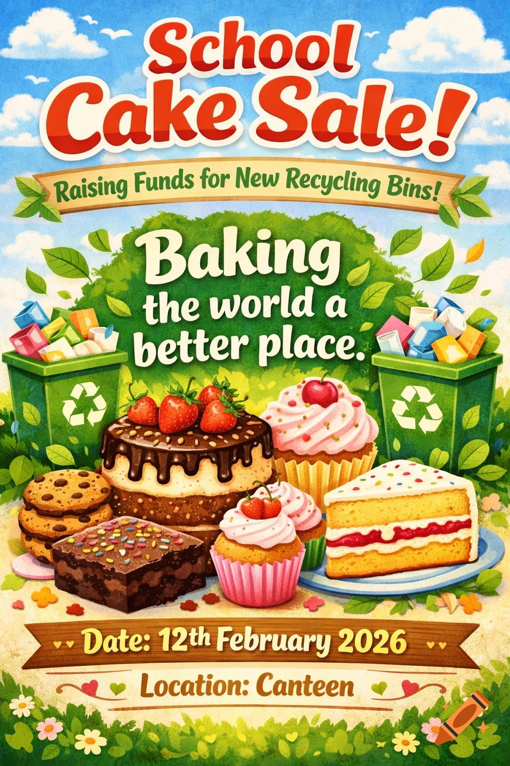 A colorful illustration poster for a school cake sale, with various ...