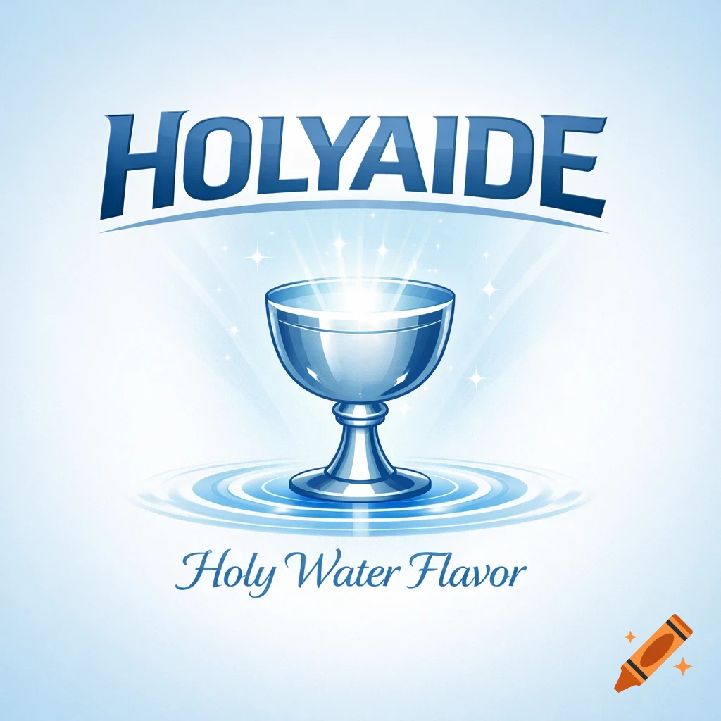 Blue and white logo for 'HOLYAIDE Holy Water Flavor' with a glowing ...