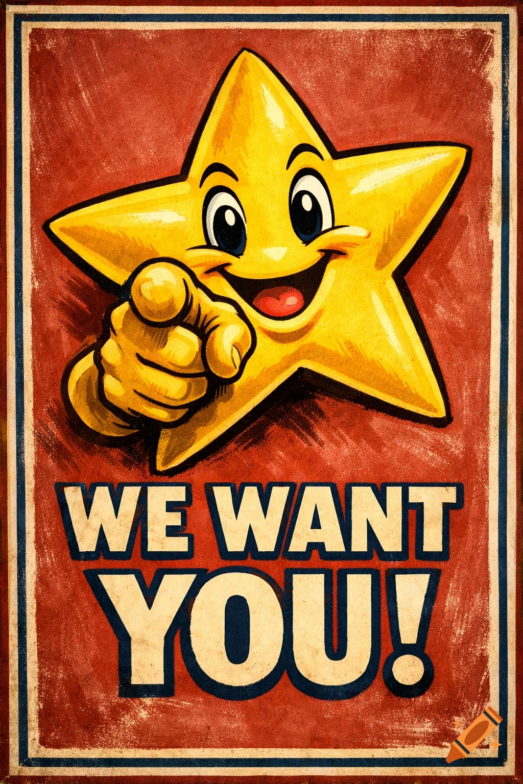 A vintage-style propaganda poster with a smiling cartoon yellow star ...