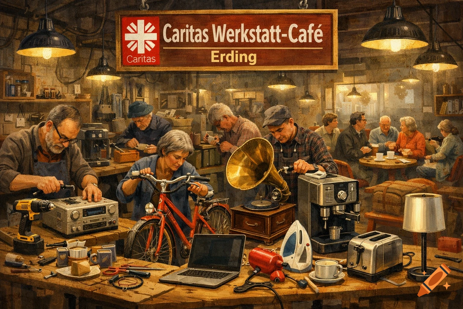 An illustration of a bustling repair cafe with a sign reading 'Caritas ...