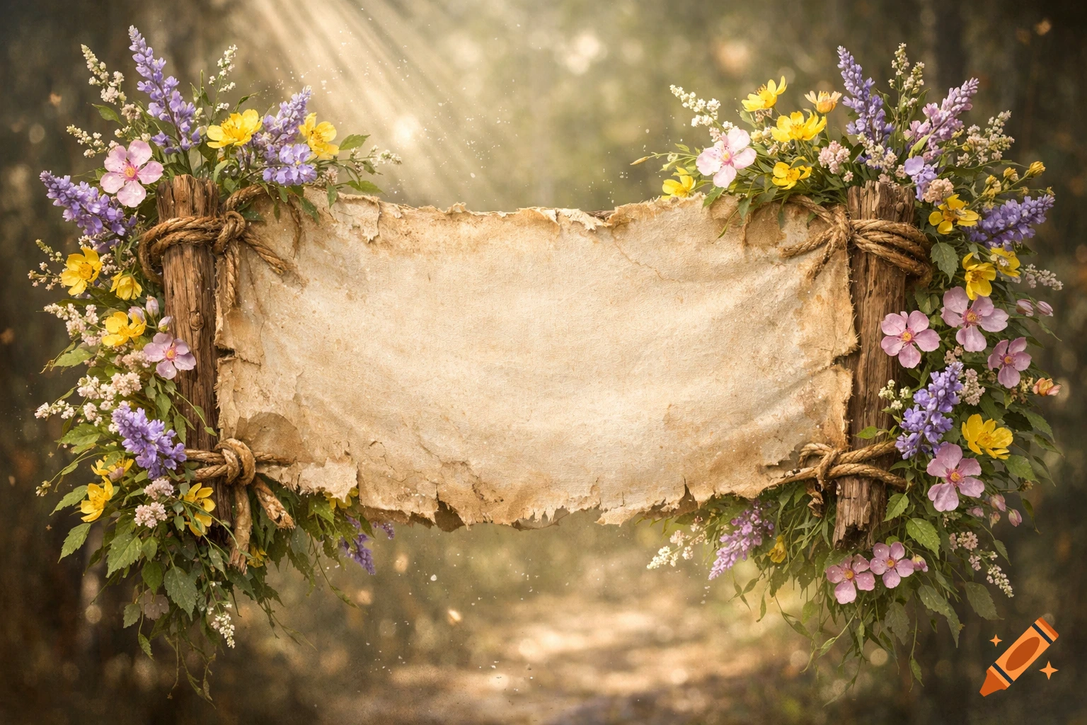 An old, blank parchment banner tied to wooden posts, framed by vibrant ...