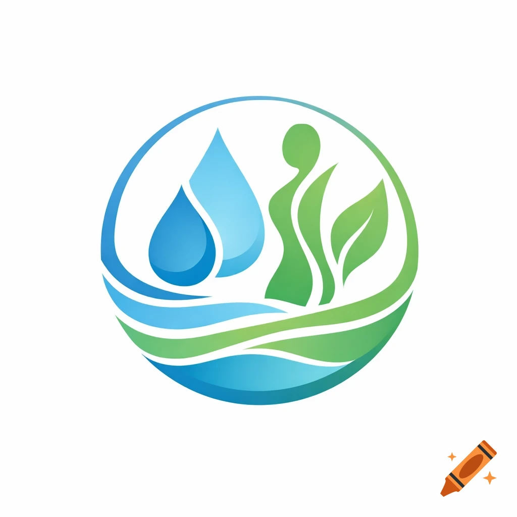 A circular logo featuring a blue water drop, a green stylized human ...
