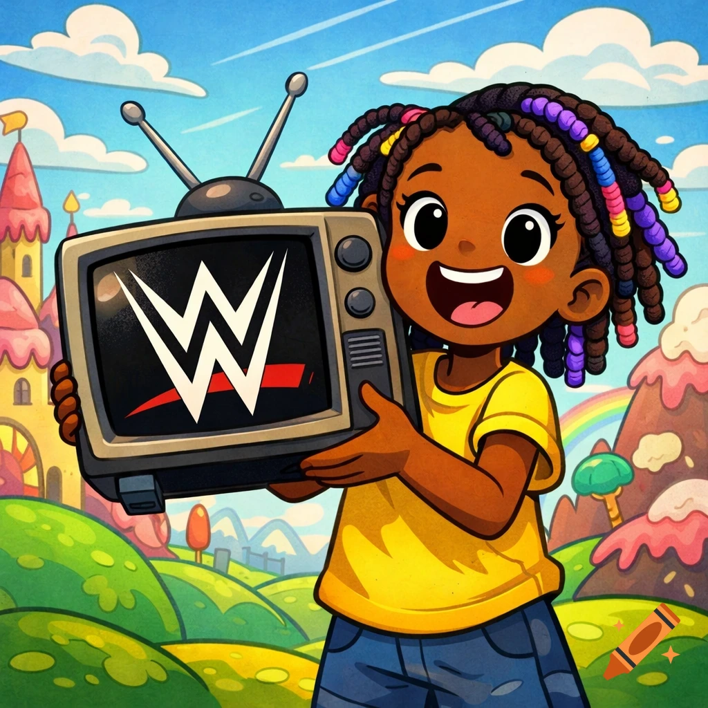 A smiling cartoon black girl with colorful braids holds an old-style TV ...