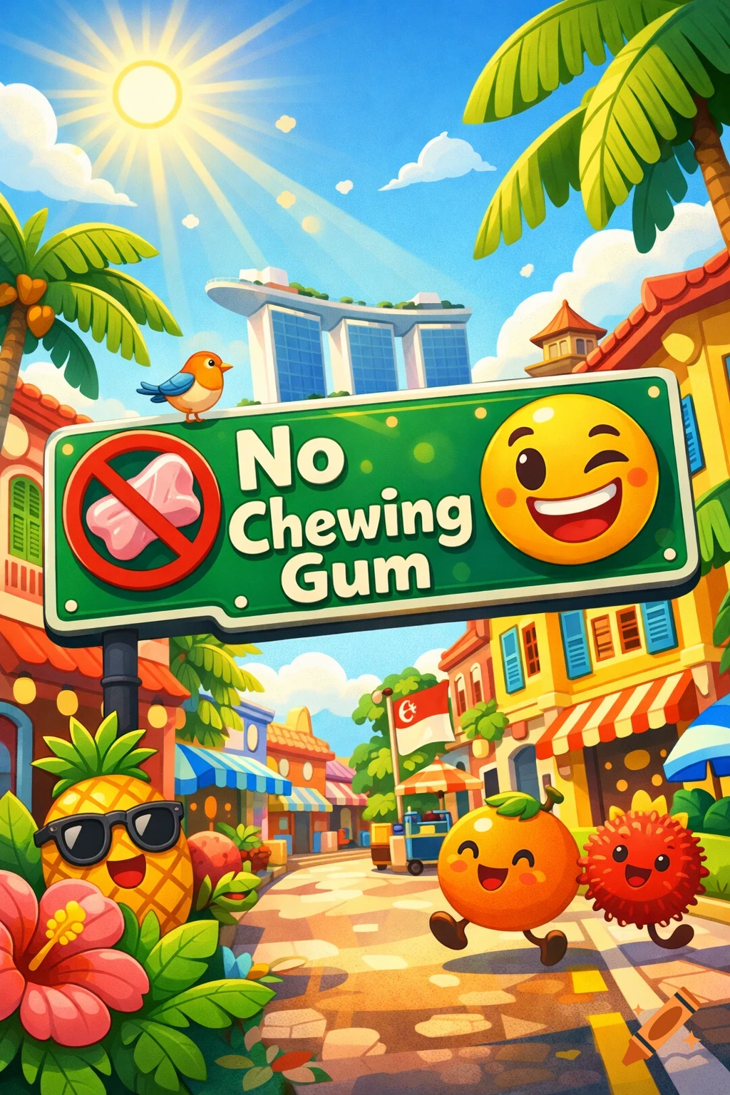 Vibrant cartoon street in Singapore with a 'No Chewing Gum' sign, palm ...