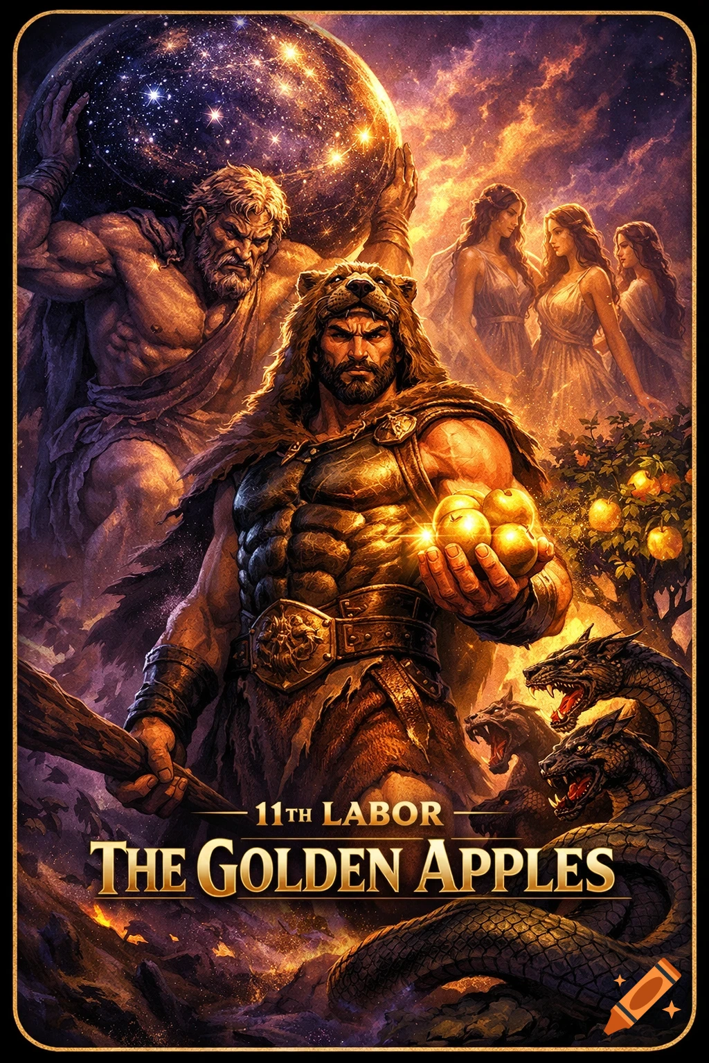 Epic illustration of Heracles holding golden apples, Atlas bearing the ...