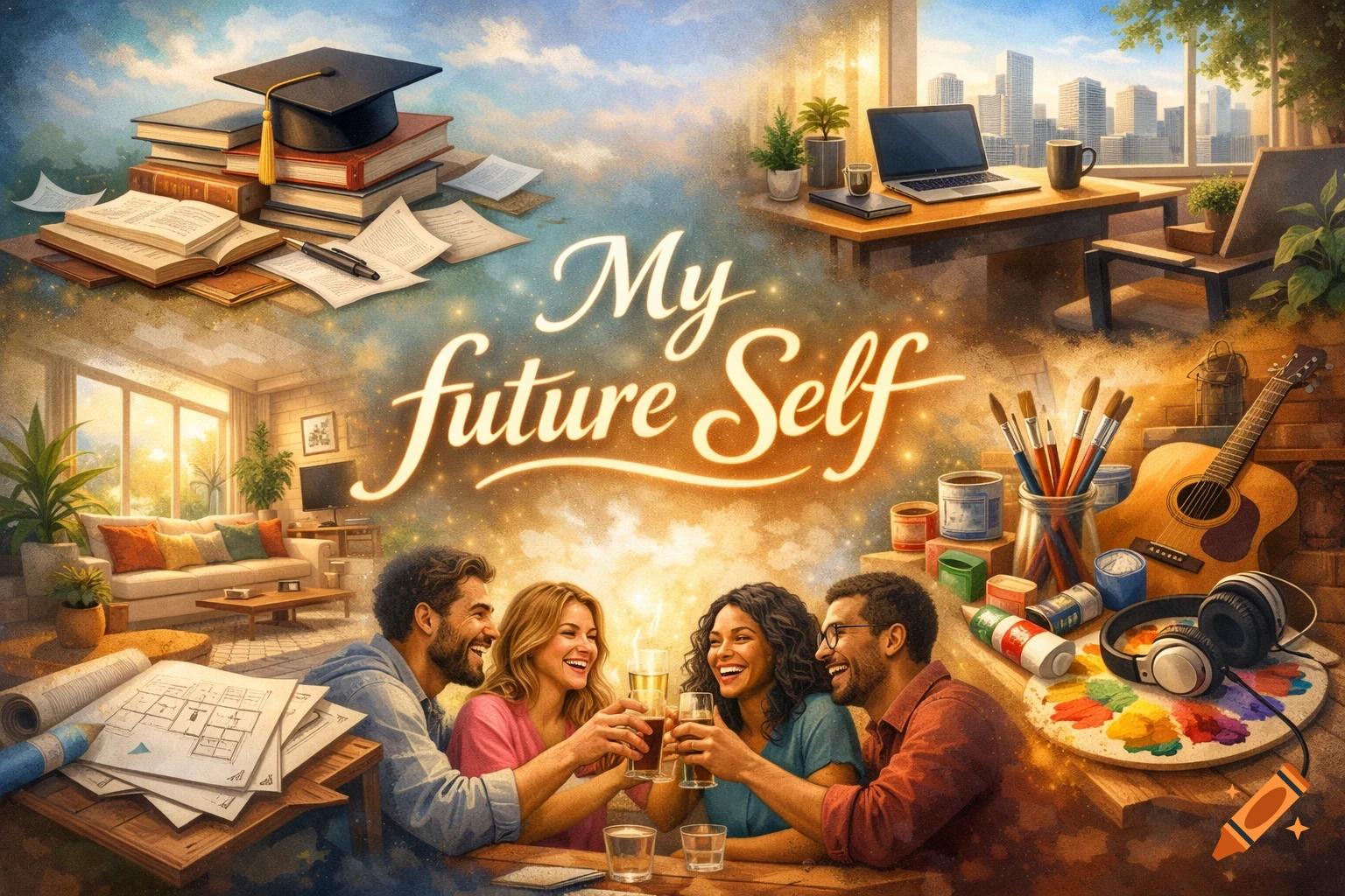 A vibrant collage illustration titled 'My future Self,' depicting life goals including education ...