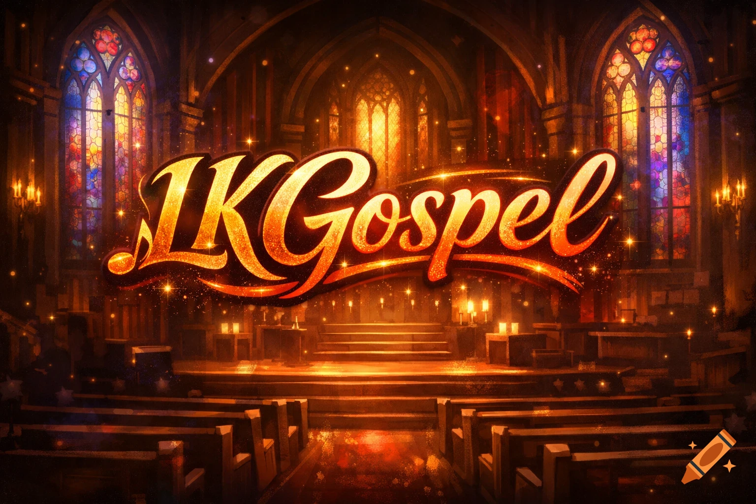 Stylized 'LKGospel' text glowing above a dramatic church interior with ...