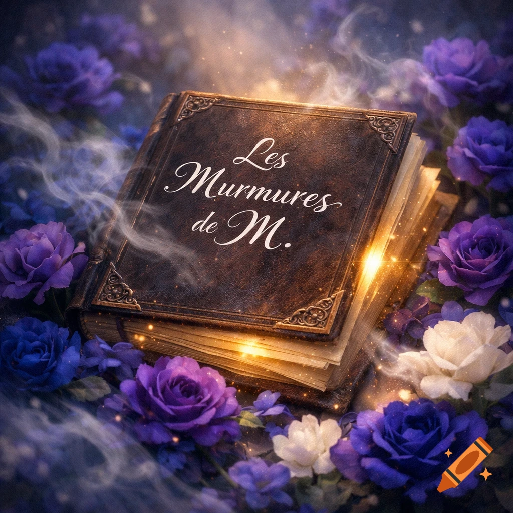 A magical old book titled 'Les Murmures de M' surrounded by glowing ...