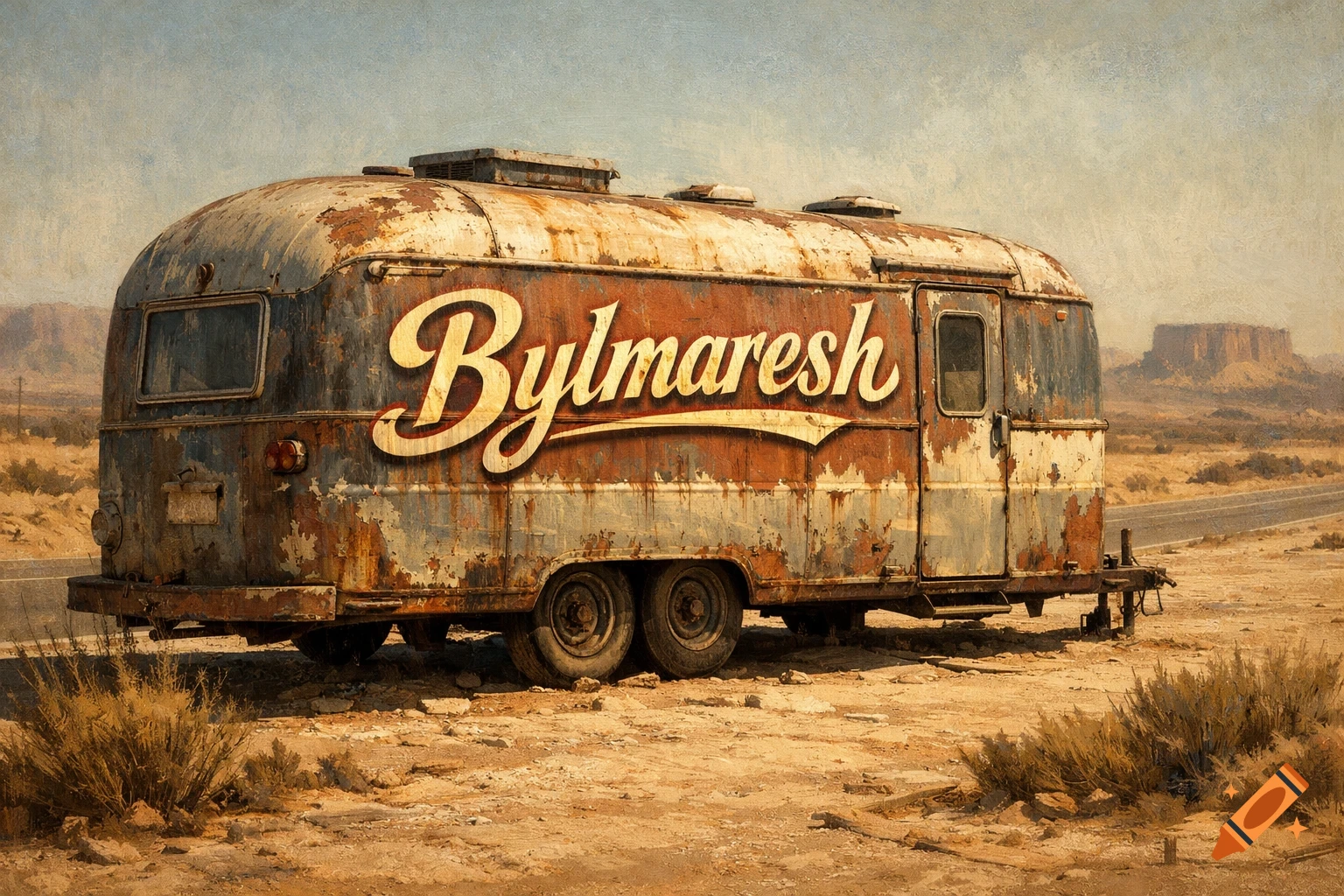 An old, rusty Airstream-style trailer with 'Bylmaresh' painted on its ...