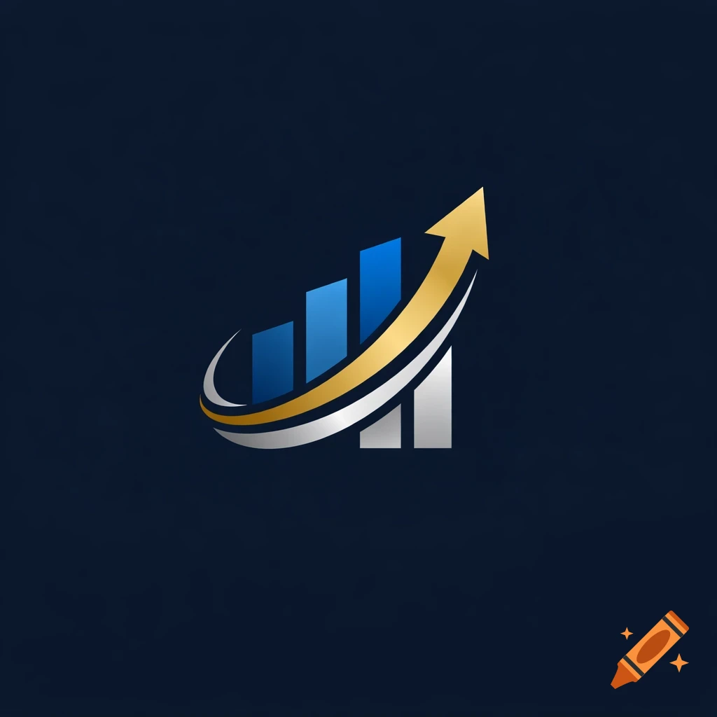 A modern logo featuring a blue and silver bar chart with an upward ...