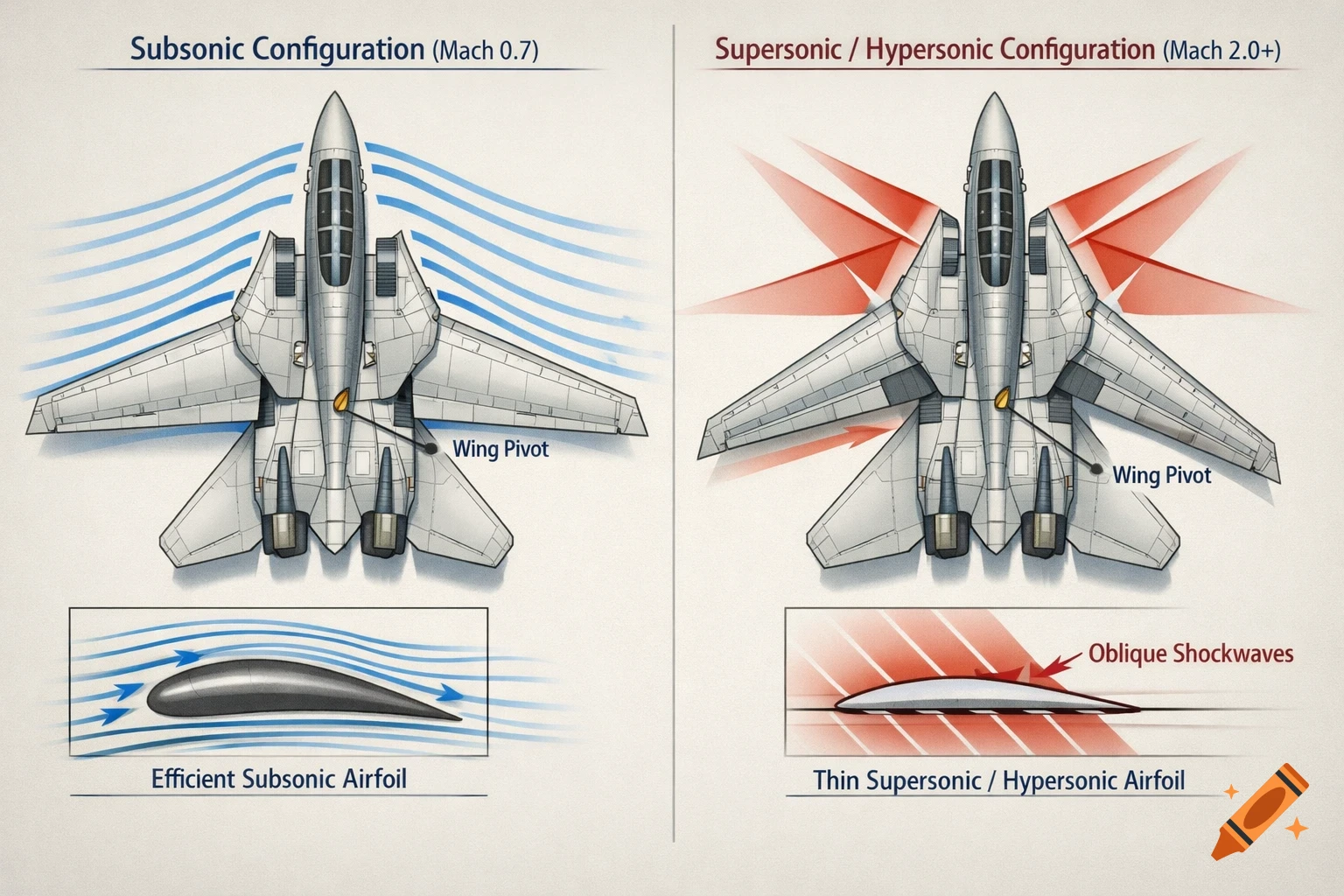 A technical diagram comparing a fighter jet's subsonic and supersonic ...