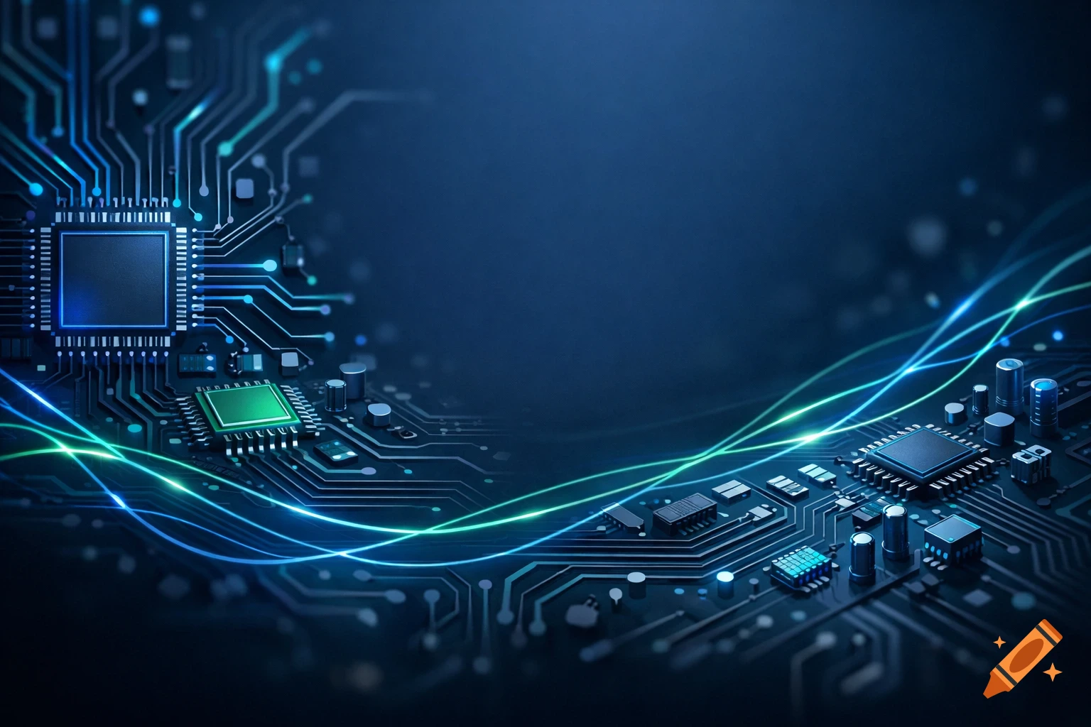 Stylized illustration of glowing blue and green electronic circuits and ...