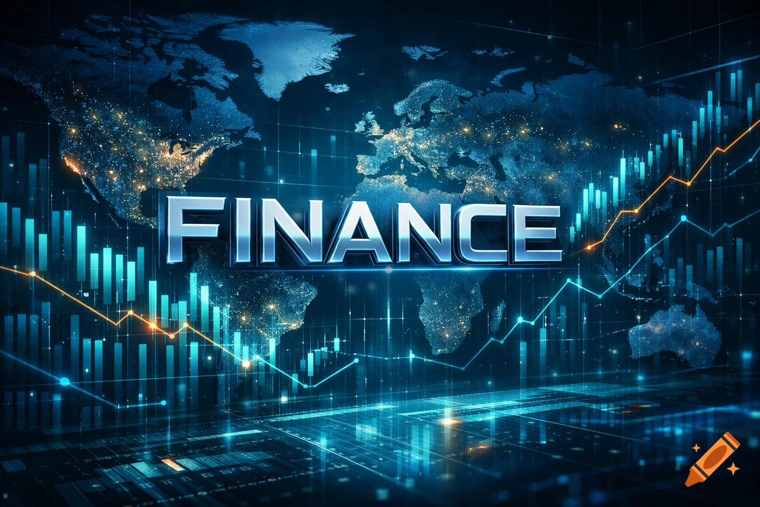 Futuristic global finance concept with "FINANCE" in 3D metallic letters ...