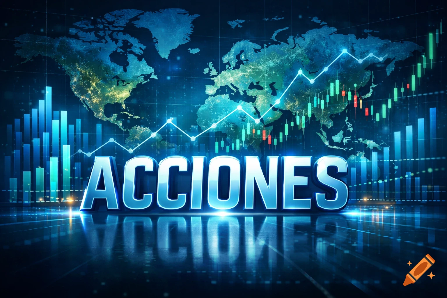 3D word ACCIONES (Stocks) over a futuristic global map with financial ...