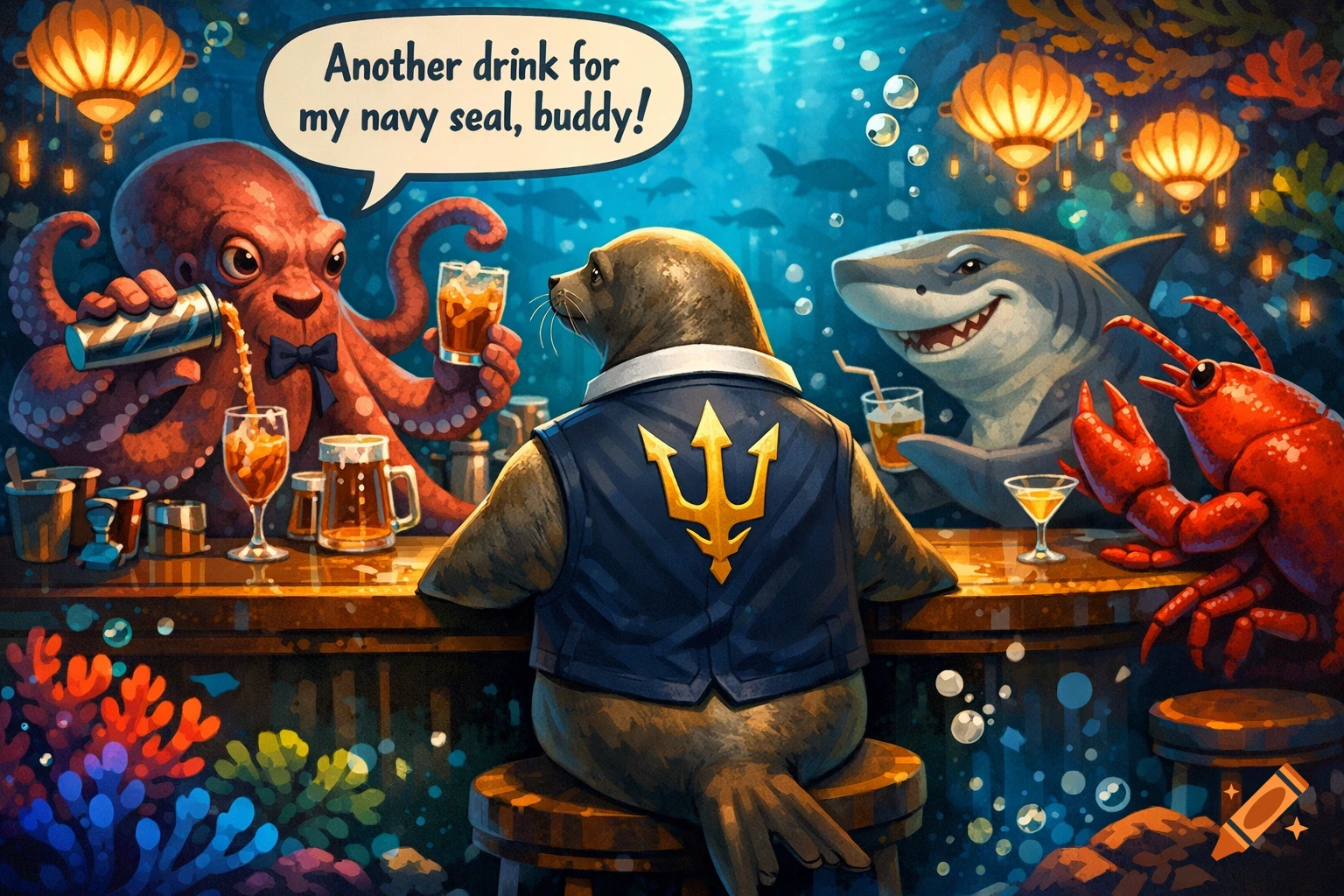 Cartoon of an underwater bar scene with an octopus bartender serving a ...