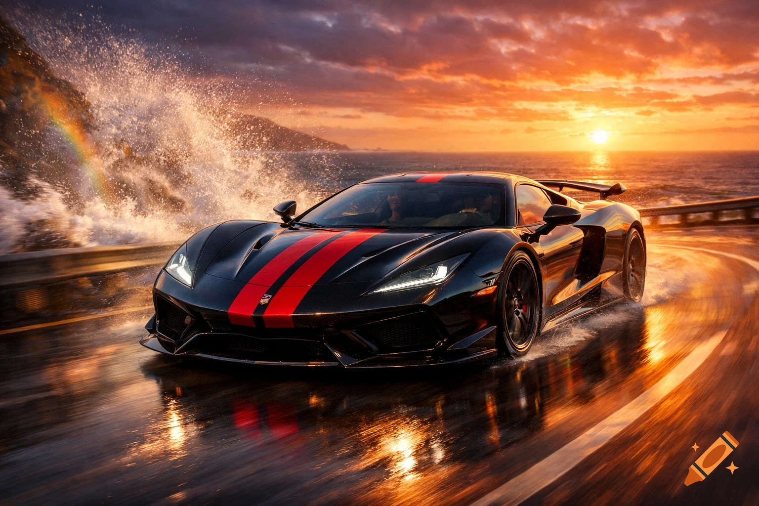 A black sports car with red racing stripes drives on a wet coastal road ...