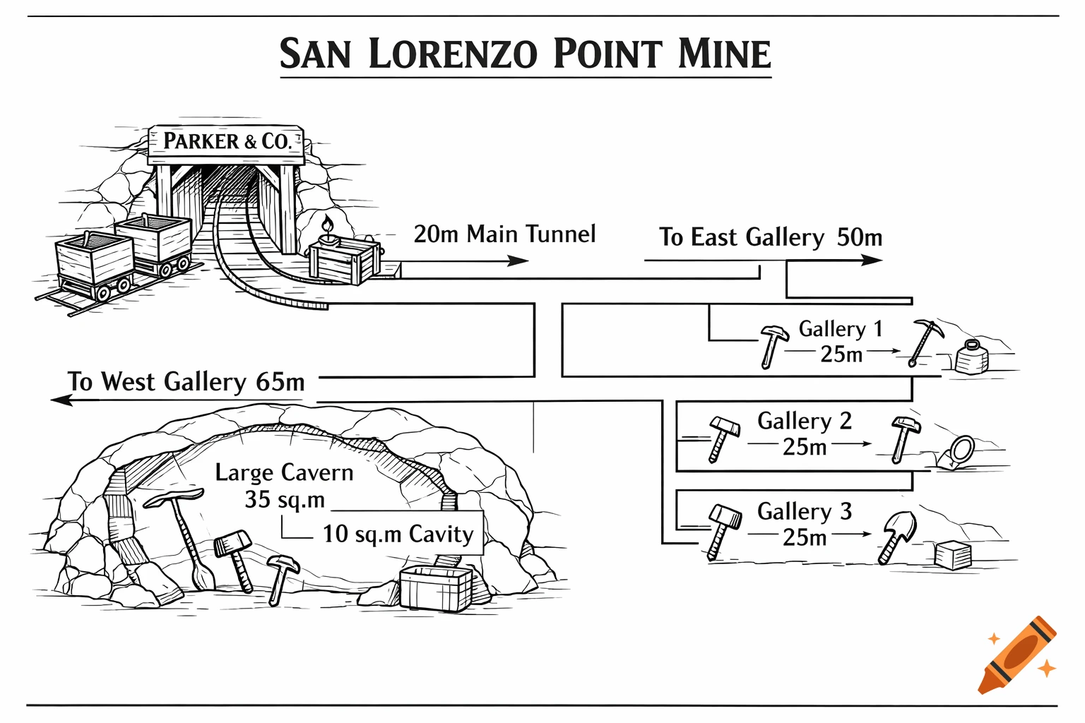 Black and white schematic map of San Lorenzo Point Mine, detailing its ...