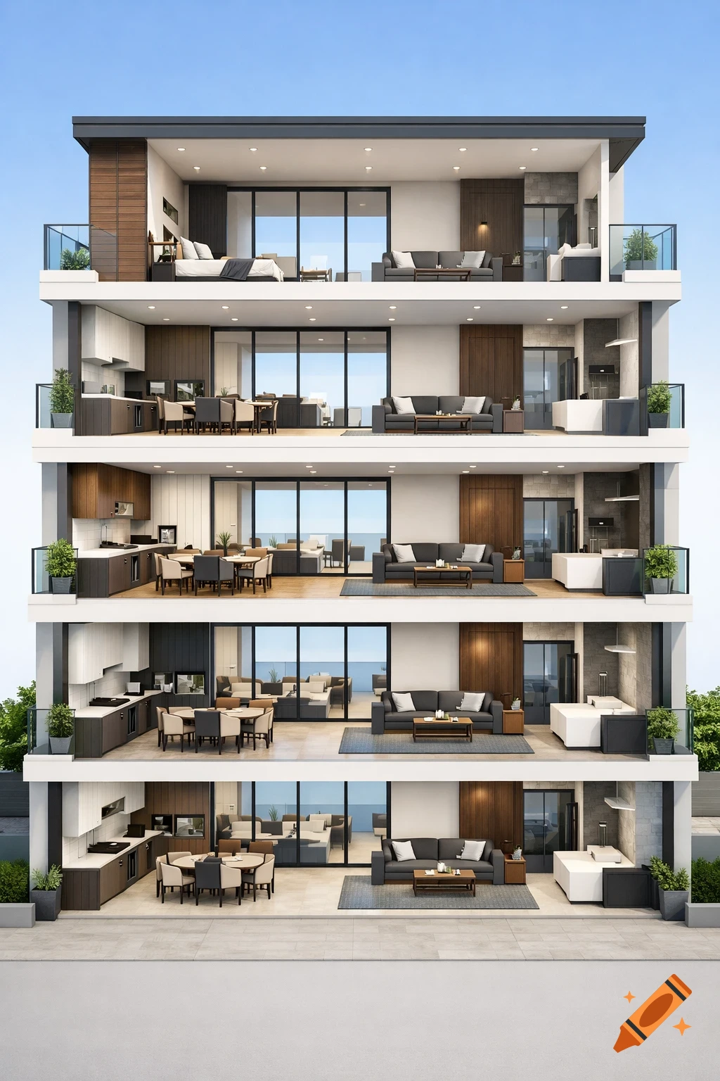 A detailed cross-section of a modern multi-story apartment building ...