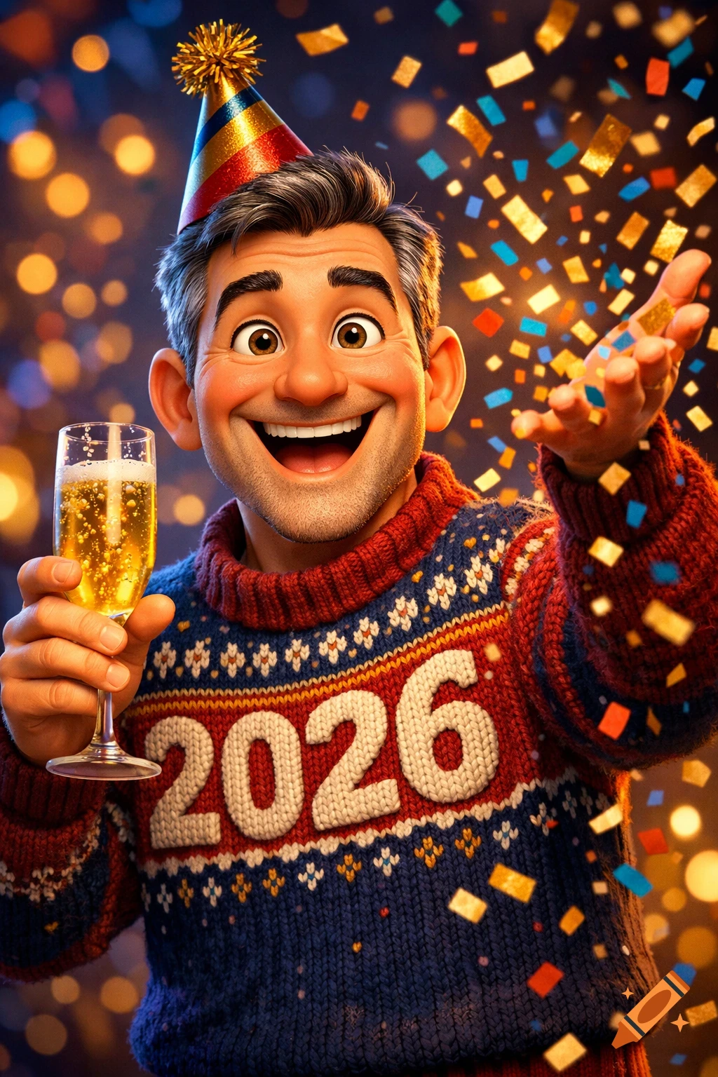A friendly 3D cartoon man in a '2026' sweater and party hat ...