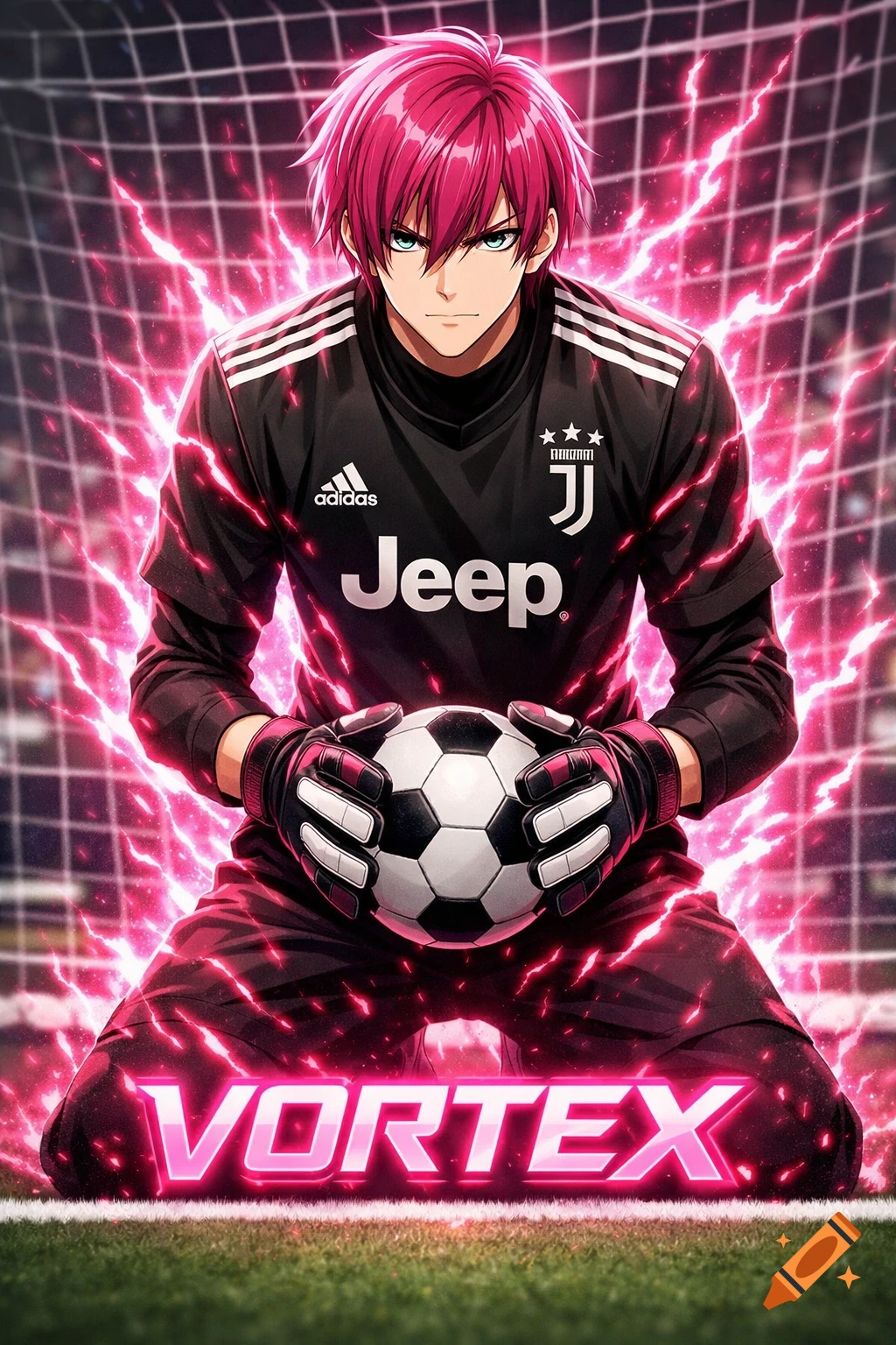 Anime male goalkeeper with pink hair in a black Juventus uniform ...