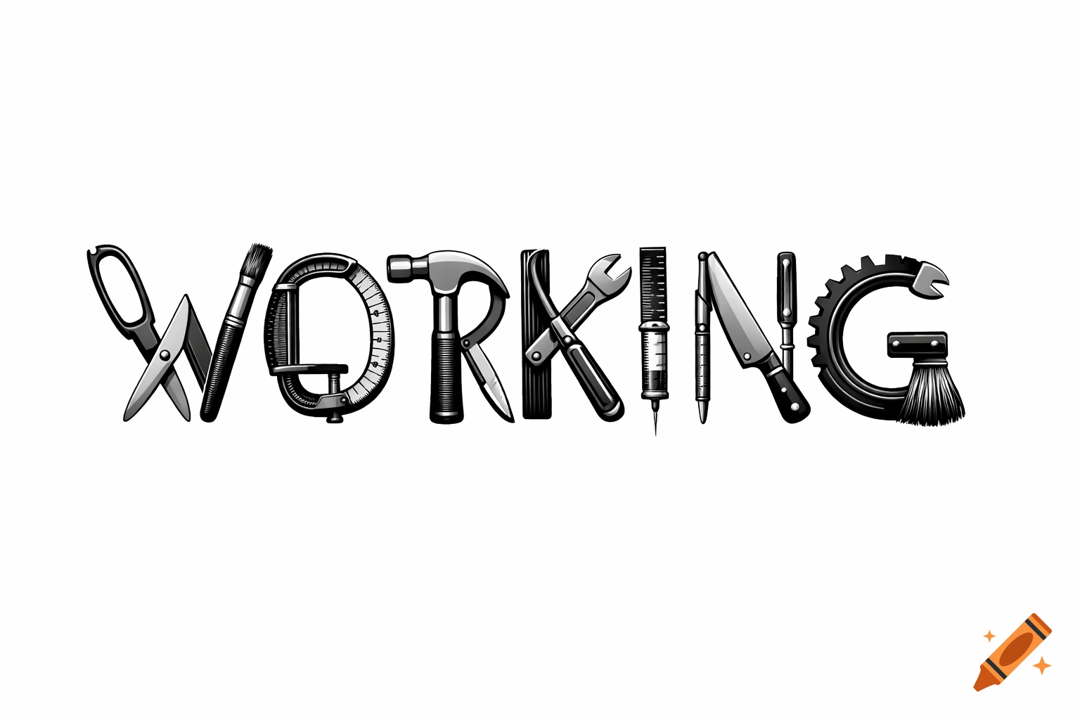The word "WORKING" spelled out using various black and white tools on a ...