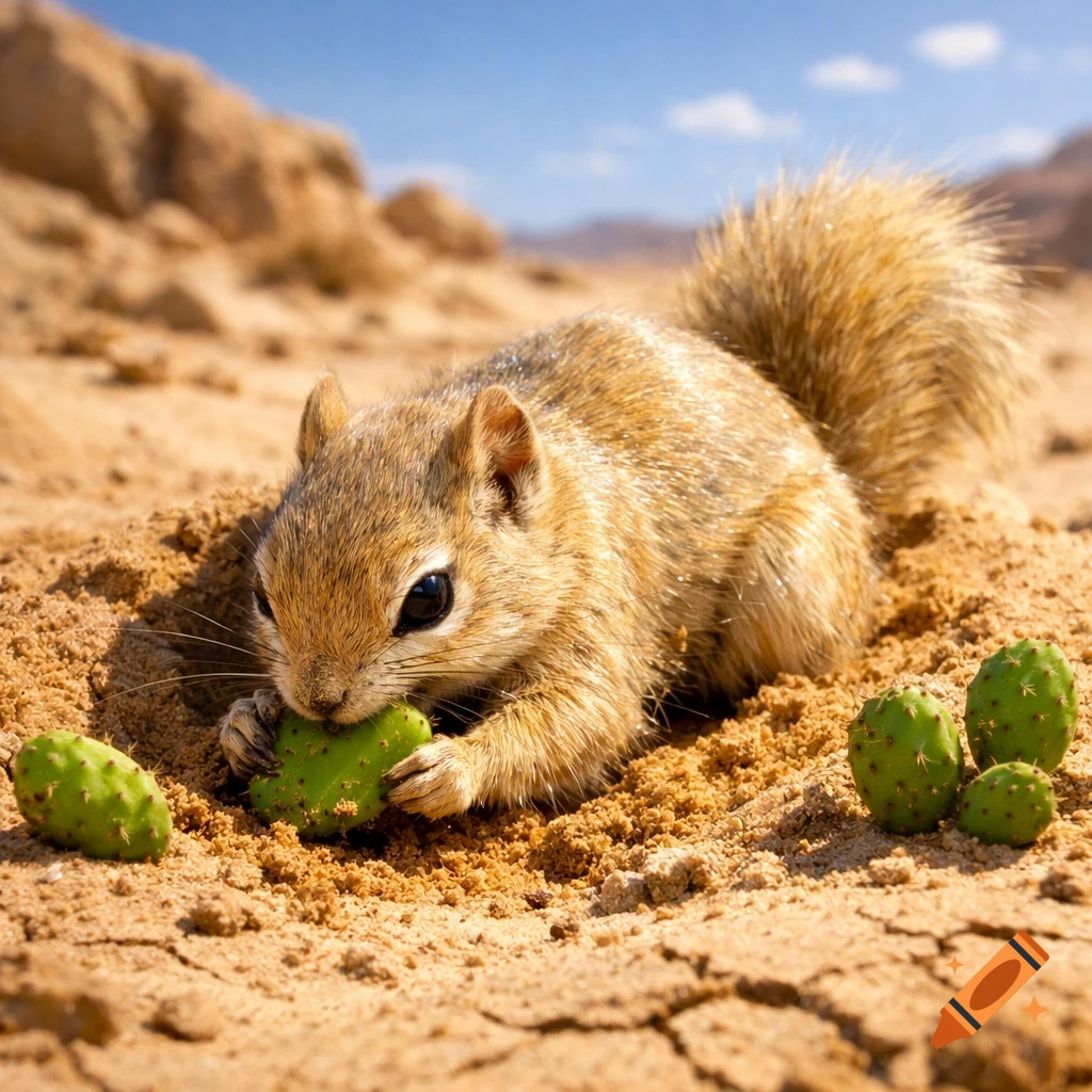 A photorealistic image of a desert squirrel eating a green cactus fruit ...