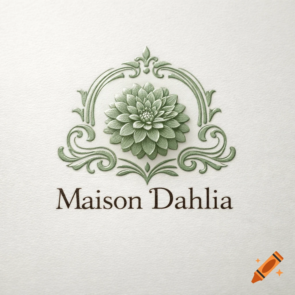 Sage green embossed dahlia logo with ornate flourishes and "Maison ...
