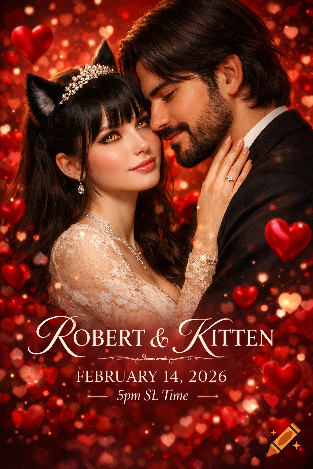 A romantic wedding invitation featuring a woman with cat ears and ...