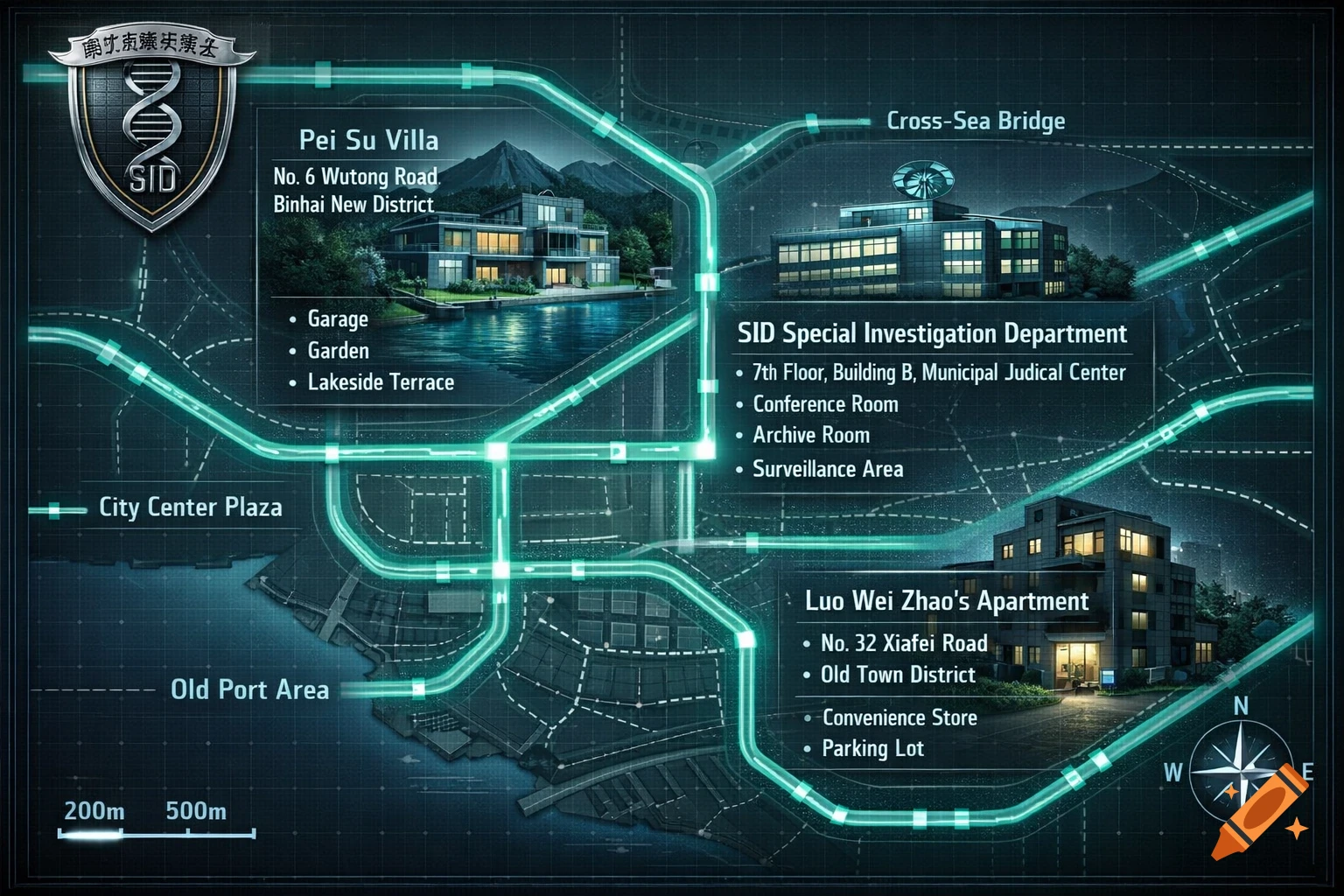 A detailed futuristic map UI with glowing neon blue-green roads ...
