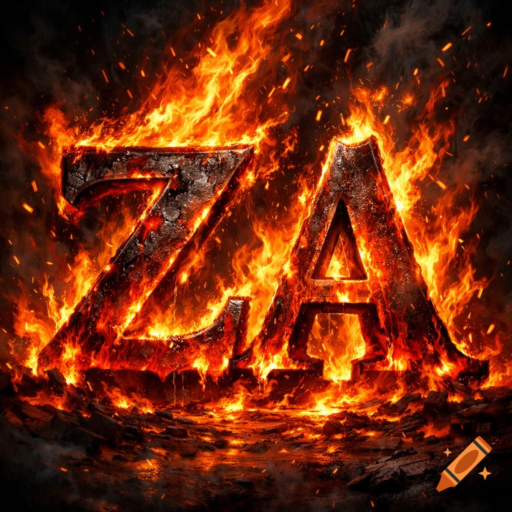 The letters ZA rendered in a dark, metallic texture, engulfed in ...