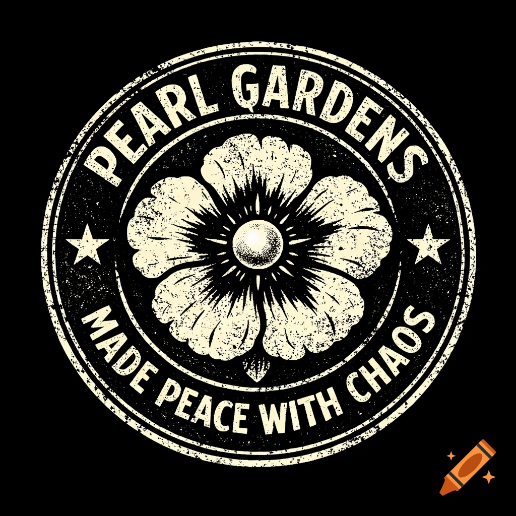 Distressed circular logo with a Cistus flower and pearl in the center ...