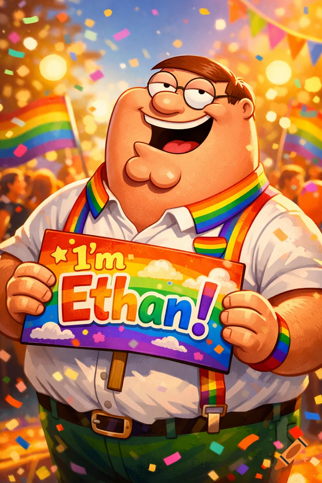 Peter Griffin at a vibrant Pride parade, wearing rainbow suspenders and ...